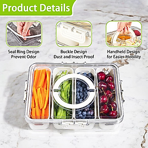 Salad Bar Containers for Fridge, 4 Compartment Divided Serving Tray with Lid & Handle for Fridge Fruit Charcuterie Storage, Veggie Tray Drainer Container Berry Snackle Box Container, BPA-Free