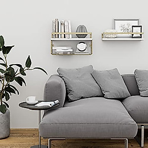 MZF Floating Shelves with Wire Storage Basket for Toilet Paper, Wall Decor for Bathroom/Living Room/Kitchen/Bedroom, (Gold-White-Gold) Shelves for Home Decor