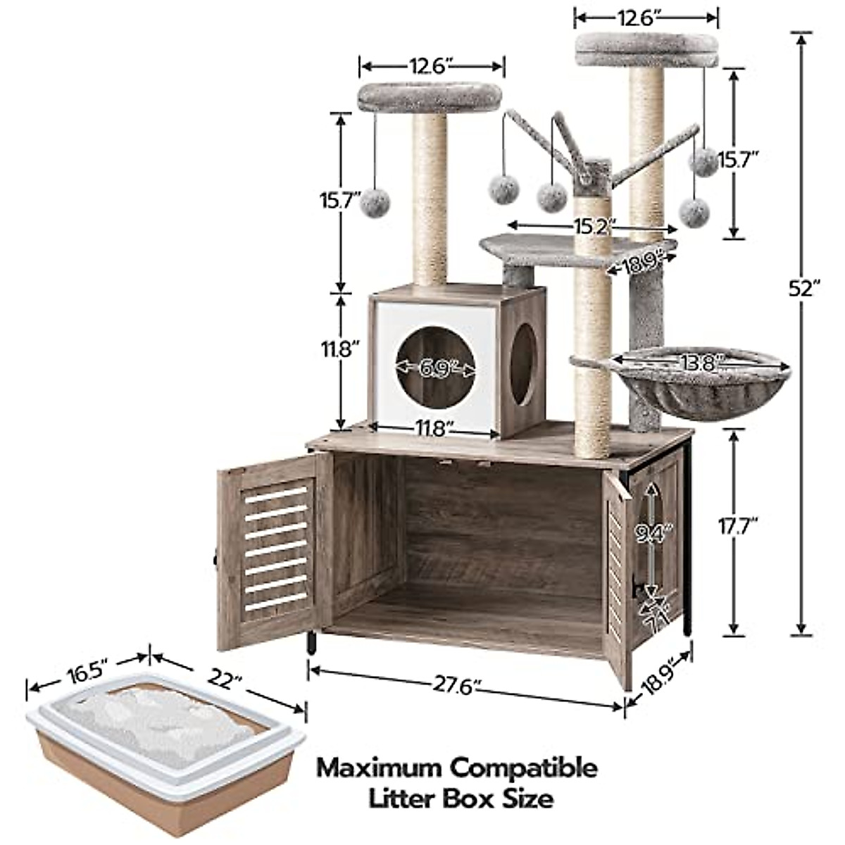 HOOBRO Cat Tree with Litter Box Enclosure, Cat Tower with Scratching Posts for Indoor Cats, All-in-One Wooden Cat House Furniture, Cat Condo with Hammock, Detachable Teaser Sticks, Greige BG14MZ03