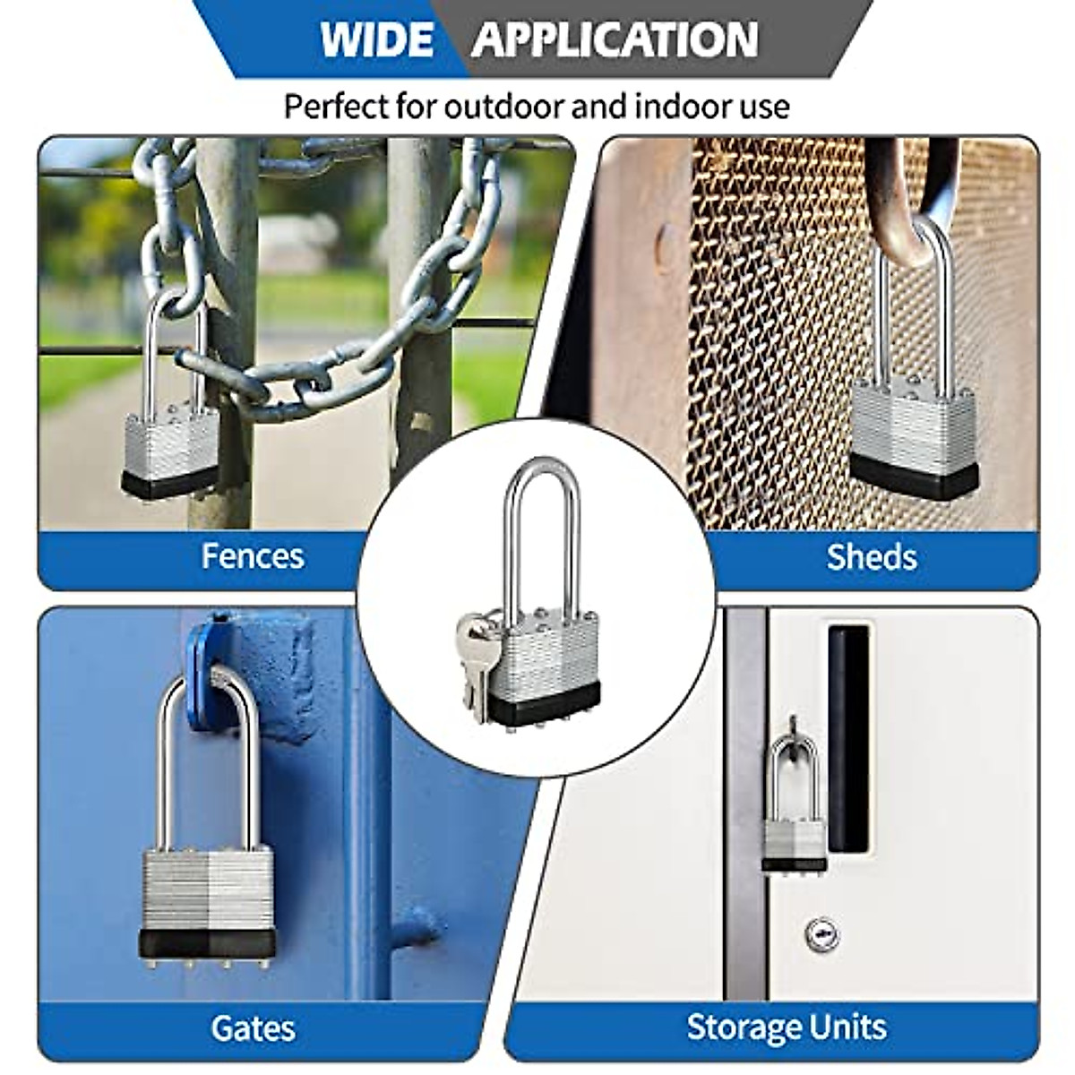 Travate Keyed Alike Padlocks, Laminated Heavy Duty Padlocks Keyed Alike Set of 6, Key Lock with 1-9/16"(40mm) Wide Body 2-inch Long Shackle for Storage Unit, Sheds, Garages and Fence