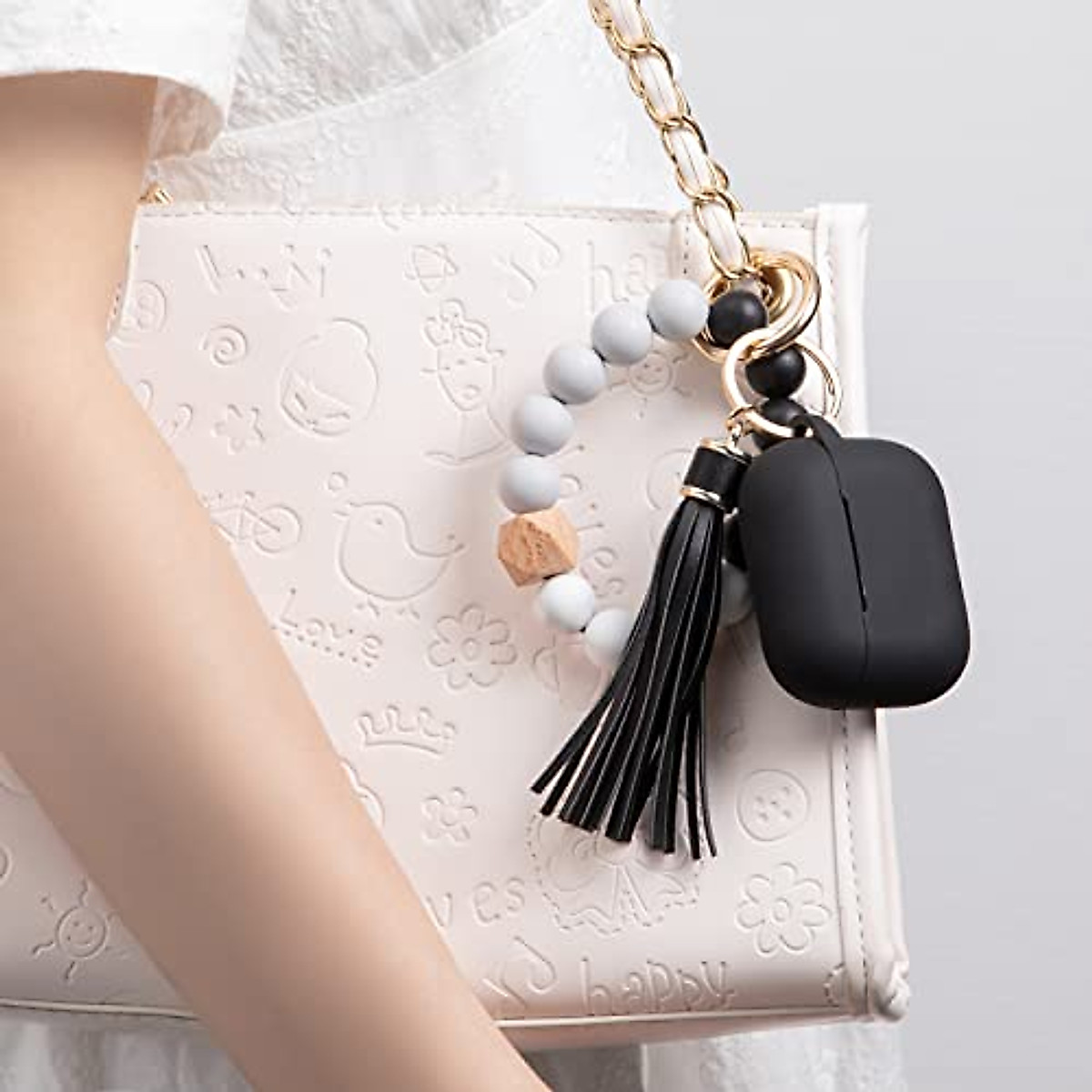 Camofit Case Cover Compatible with Airpods Pro Caser for Women Girls with Bracelet Keychain Accessories, Cute Silicone Case Compatible with AirPod Pro 2019 Earbuds Wireless Charging Case (Black)