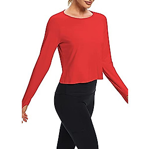 Bestisun Womens Cropped Tops Long Sleeve Open Back Workout Tops Activewear Gym Yoga Shirts Exercise Sports Running Clothes Red S