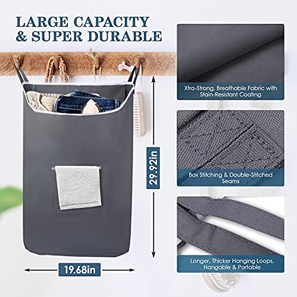The Fine Living Co. X-Large Hanging Laundry Hamper with Over Door Hooks & Adhesive, Durable Space Saving Laundry Bag with Zipper and Wide Open Top, Hanging Dorm Laundry Hamper 20"x3.38"x30" (Grey-XL)