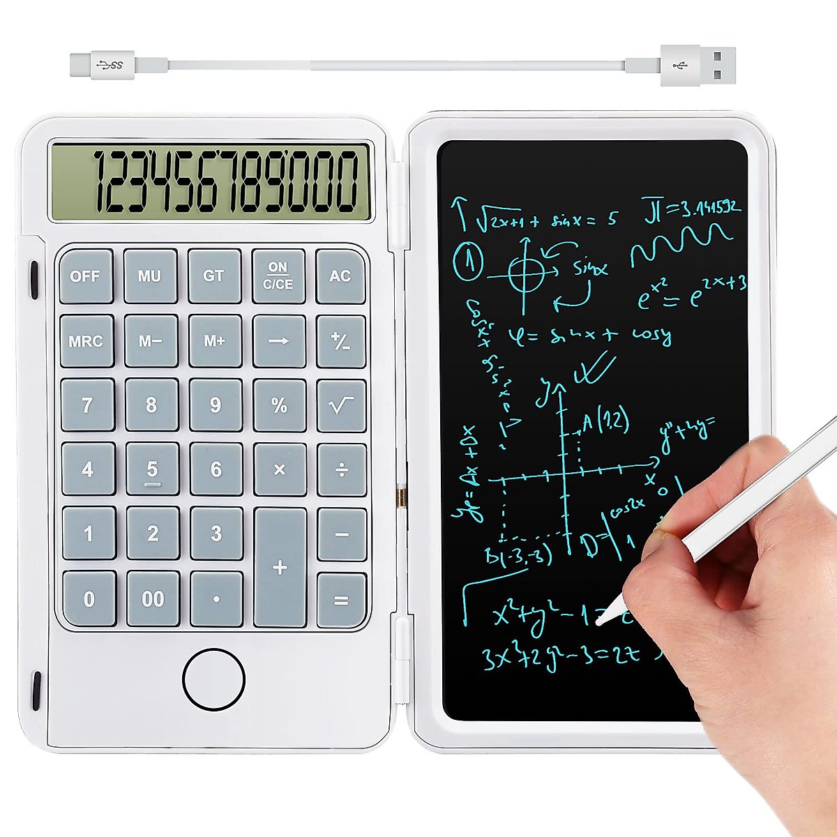 Hion Calculators,12-Digit Large Display Rechargeable Pocket Office Desktop Calculator with Erasable Wiriting Tablet,Mute Basic Desk Calculators with Doodle Pad for Student Home School,White