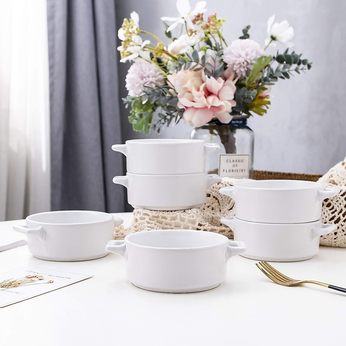 Bruntmor 6" Ceramic Plates Set of 4, Round Grey Ceramic Salad Plates For Kitchen Dish Plates, Ceramic Dinnerware appetizer Plates with handle,Serving Platter for sushi and Sizzling