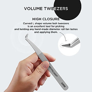 Volume Lash Tweezers Beyelian Lash Tweezers for Eyelash Extensions, Curved L High Precision Tip for Mega Fans, Stainless Steel AS09 Silver.