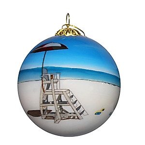 Blown Glass Christmas Ornament | Beach Chairs Life Guard Stand | Hand Painted Inside | Original Art | Includes Gift Box