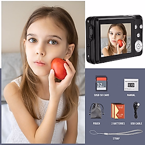 JHAMAL Digital Camera for Kids, 2.7K, 16X Zoom, 32GB SD Card & 2 Batteries (Black)