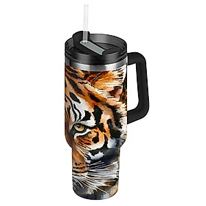 Flradish 30oz Tumbler with Handle, Watercolor Tiger Portrait Stainless Steel Tumbler with Lid and Straws Double Wall Vacuum Insulated Leakproof Coffee Travel Mug