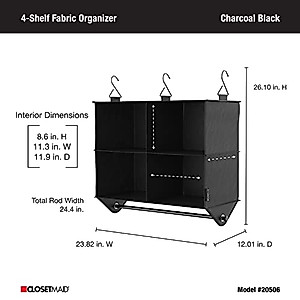 ClosetMaid 4-Shelf Fabric Hanging Closet Organizer with Garment Rod for Shirts, Sweaters, Pants, Hats, Shoes, Purses with Charcoal Black Finish