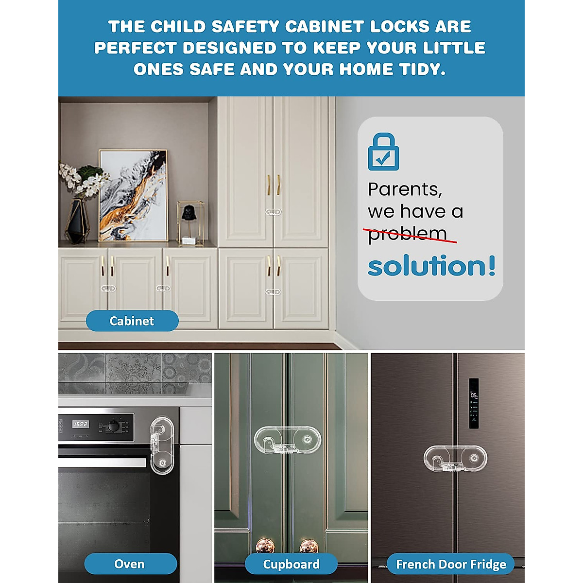 Child Safety Cabinet Locks, Baby Proofing Locks for Cabinets, 10 Pack DUOSI No Screws and Magnets Refrigerators Locks Child Proofing Baby Locks for Kitchen Cabinets and French Door Fridges