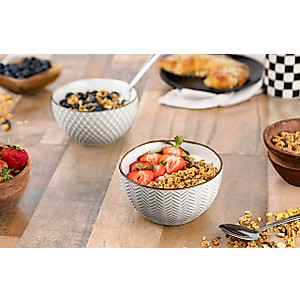 KooK Ceramic Cereal Bowls, Embossed, for Yogurt, Dessert and Poke, Microwave & Dishwasher Safe, Cream with Dark Copper Accents, Set of 4, 22 oz, Narbonne Collection