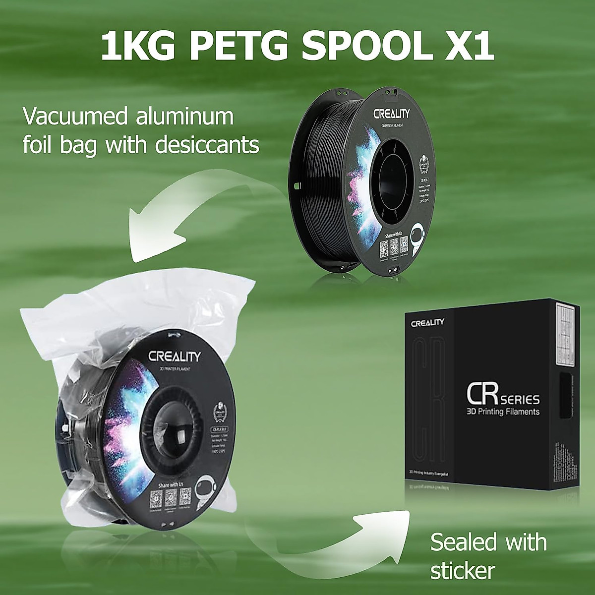 Official CR PETG 3D Printer Filament 1.75mm 1KG (2.2lbs), High Precision Strong Toughness, Odorless Better Flow Moistureproof 3D Printing Ender Filament (Black)