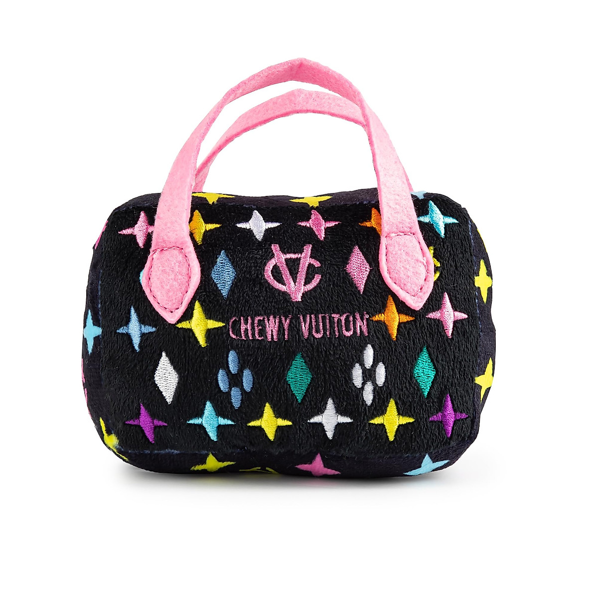 Haute Diggity Dog Black Monogram Chewy Vuiton Handbag, Plush Designer Dog Toys with Interactive Squeaker, Stimulating Pet Enrichment, Machine-Washable & Safe Materials for All Breeds, Size Small