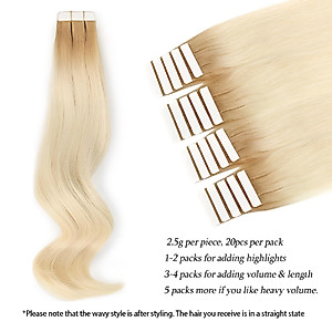 ABH AMAZINGBEAUTY HAIR Rooted Tape in Hair Extensions, Remy Human Hair, 20 Pieces 50 Grams, Platinum Blonde with Dirty Blonde Roots, 20 Inch