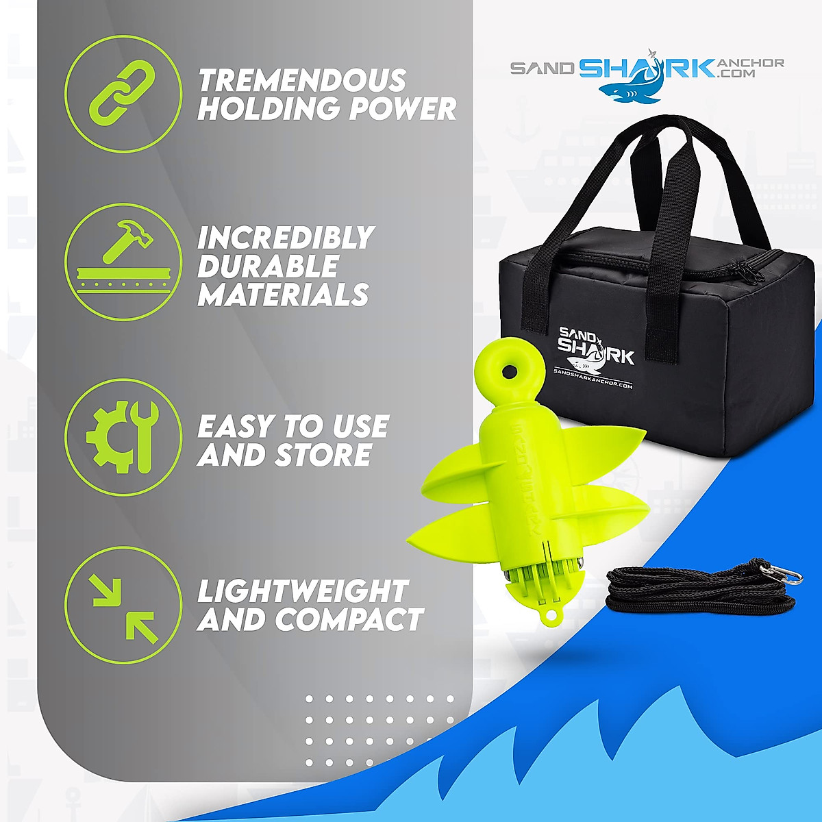 SandShark Jaws Folding Grapnel Anchor Kit, 25–28ft Bungee Line, Easy Storage Rip-Stop Case, Jetski Anchor, Boat Anchor, Kayak Anchor, Canoe Anchor, Paddleboard Anchor, High-Strength ABS Plastic.