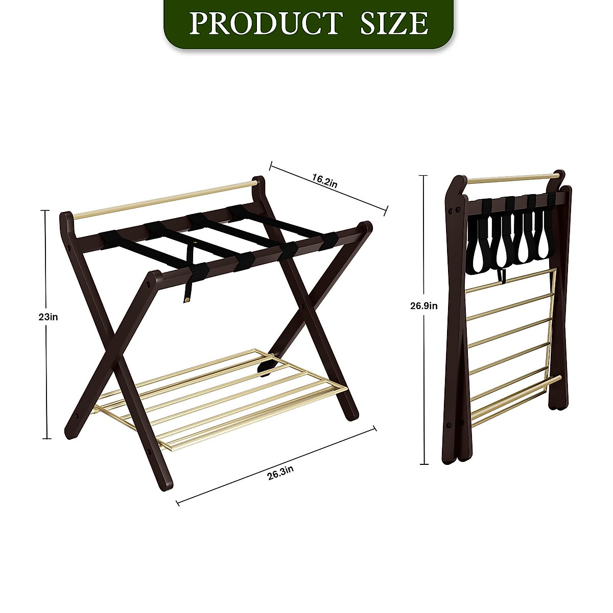 HLR Bamboo Luggage Rack for Guest Room, Folding Suitcase Stand with Metal Shelf&Back, Heavy Duty Luggage Holder for Bedroom, Living Room, Hotel, Espresso and Gold