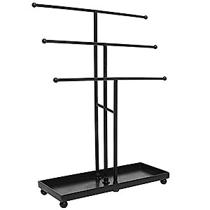 MyGift Modern Jewelry Organizer, 3 Tier Black Metal Tabletop Bracelet and Necklace Jewelry Storage Display Tree Rack with Base Ring Tray