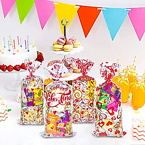 JOZON 200 Pieces Valentine's Day Cellophane Candy Bags with Twist Ties 4 Styles Valentines Day Cellophane Treat Bags Cello Candy Bags Cookie Bags Goodie Bags for Valentines Party Favor Supplies