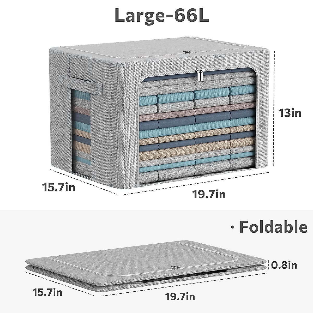 3Pack Foldable Storage Bins - Frame Storage Box Linen Fabric Stackable Clothes Container Organizer with Clear Window & Carry Handles Large Capacity (Large-66L, Light Grey)