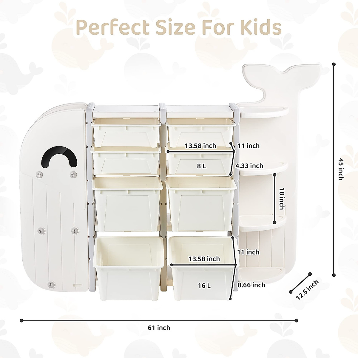 DUKE BABY Kids Large 4 Layer Toy Storage Organizer with 8 Pull-out Storage Bins, Display Bookshelves, Multipurpose Toy Cabinets for Kids Playrooms Bedrooms Age 1-12, Whale Collection White Grey