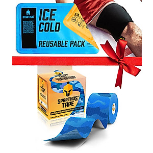 Sparthos Kinesiology Tape [Electric Blue Camo - 16.4ft Uncut Roll] x Ice Packs for Injuries [Size Medium + Cover]