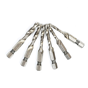 6Pcs/Set Hex Shank Drill Bits HSS 4341 Combination Drill and Tap Bit Screw Tap Deburr Countersink Bit (6-32NC 8-32 NC 10-32 NC 10-24 NC 12-24 NC 1/4-20 NC)