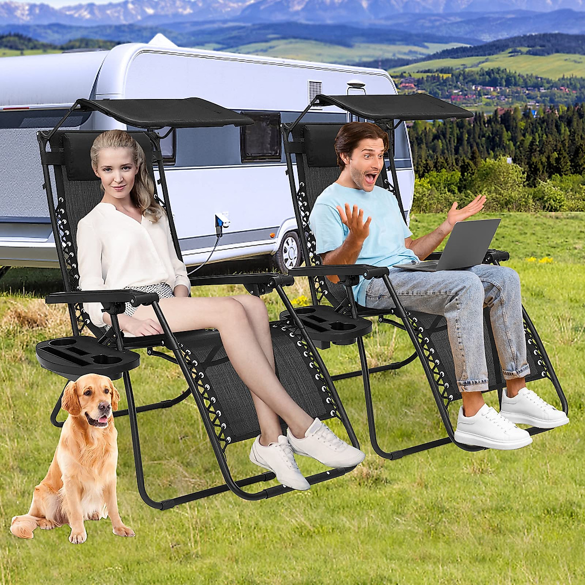 Meet perfect Zero Gravity Chairs Set of 2 with Canopy, Adjustable Outdoor Recliners Outdoor Patio Chairs Folding Reclining Lounge Chair w/Pillows and Cup Holder Trays- 2 Pack, Black