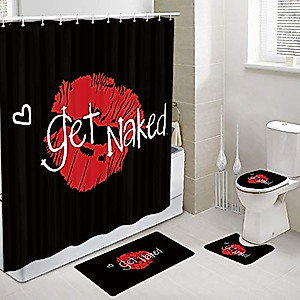 JAWO Get Naked Shower Curtain and Bath Mat Set 69x70 Inch, Sexy Red Lip Prints on Black Background Bathroom Curtain with Hooks, Bathroom Mat Set with Contour Rug, Mat and Toilet Lid Cover