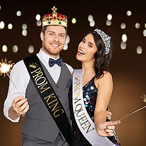 Saintrygo Prom King and Prom Queen 80s Party Favors Crowns Tiara Sash Shiny Satin Adults Cosplay 2024 Grad Crown Sash(4 Pcs, Vintage Style)