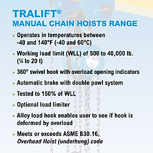 Tractel Manual Chain Hoist | 1/4 Ton - 500 lbs Capacity | 10 ft Steel Chain | Industrial-Grade Steel for Construction, Workshops, Garages | Tralift 56429