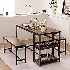 COSTWAY 3-Piece Dining Table Set for 4, Rustic Pub Dining Table with 2 Benches, 2 Storage Shelves and Glass Holder, Breakfast Kitchen Table and Chairs Set for Small Space Kitchen Restaurant Bar