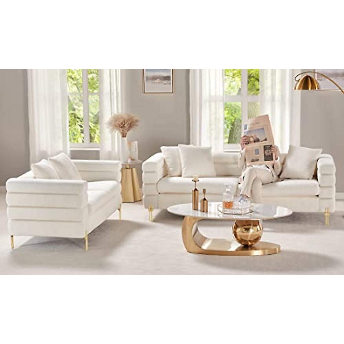 AMERLIFE Sofa, 2 Piece Sofa Set, Loveseat Set- Oversize Sofa Couch, Comfy Sofa for Living Room- Bouclé Deep Seat Sofa, White Sofa