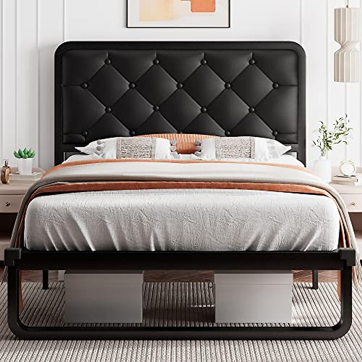 iPormis Twin Size Metal Bed Frame with Faux Leather Headboard, Curved Platform Bed Frame, Thicker Metal Steel Slats Support, 12'' Under-Bed Space, Noise-Free, Easy Assembly, Black