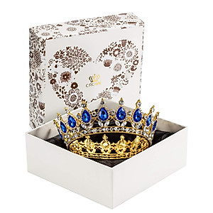 Pensoda Rhinestone Cake Topper Crown Fancy Party Cake Decoration Princess And Prince Headpiece (Gold-blue)