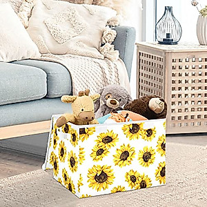 stargrass Foldable Storage Bin Fabric Decorative Storage Box with Lid and Handles,Flower Sunflower Yellow Collapsible Storage Basket 11.8x12.6x16.5 Inch