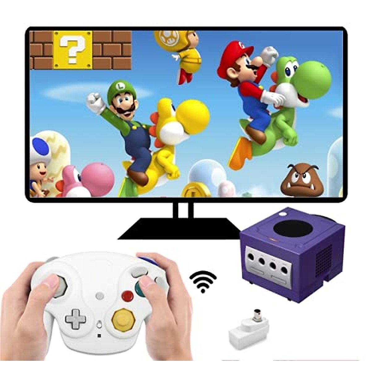 VTone Wireless Gamecube Controller, 2 Pieces 2.4G Wireless Classic Gamepad with Receiver Adapter for Wii Gamecube NGC GC (Black and White)