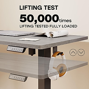 JYLH JOYSEEKER Grey Standing Desk, 48 X 24 Inch Adjustable Height Electric Desk, Sit Stand Desk with 2 Hooks, Ergonomic Rising Desk with Splice Board