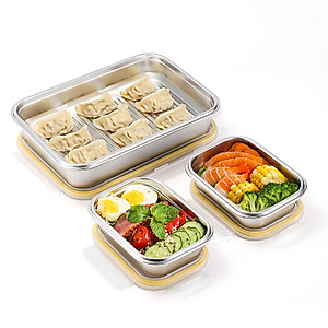 GEEJA 18/8 Stainless Steel Food Storage Containers, Meal Prep Lunch Box, Baking Pan, Stackable Bento Box, Metal Set of 3 (1PC 84oz + 2PC 21oz)