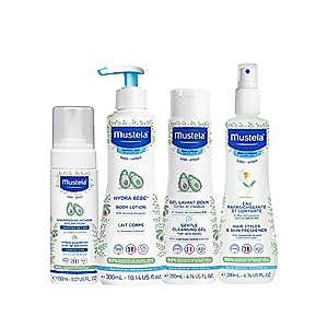 Mustela Welcome Baby Gift Set - Clean & Gentle Skincare & Bath Time Essentials for Baby's Delicate Skin - Natural & Plant Based - 4 Items Set