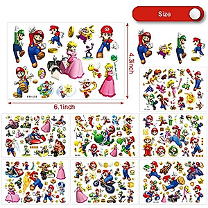 8 Sheets Temporary Tattoos Stickers For Mario, Mario Birthday Party Supplies Decorations Party Favors, Gifts for Boys Girls School Classroom Rewards