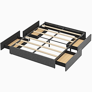 Mixoy Cal King Bed Frame with Four Storage Drawer,Platform Bed Frame with Linen headboardand and Footboard with Drawers, Wood Slats Support.No Box Spring Needed/Easy Assembly(Cal King,Dark Grey)