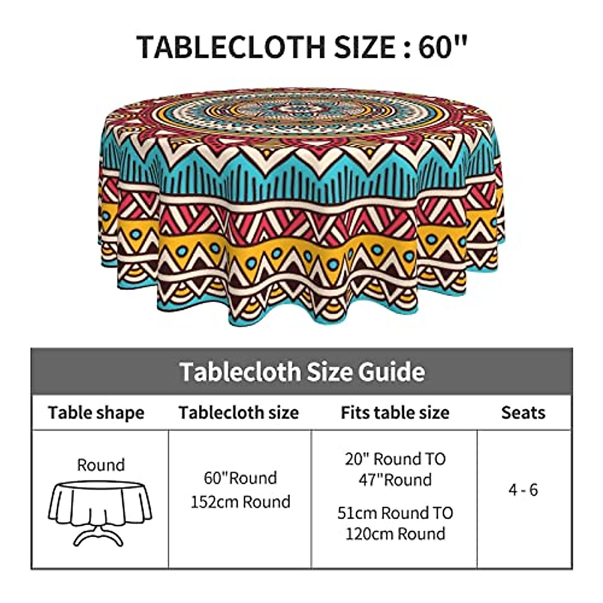 Symfy Round Tablecloth 60 Inch Retro Mandala Decorative Table Cloth with Dust-Proof Wrinkle Stain-Resistant Tablecloths Decor for Home Kitchen Dining Picnic Party Indoor Outdoor