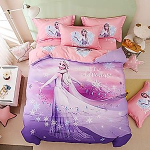 Jacoble Casa 100% Cotton Kids Bedding Set Girls Purple Frozen Elsa Princesses Duvet Cover and Pillow Cases and Fitted Sheet,4 Pieces,Queen
