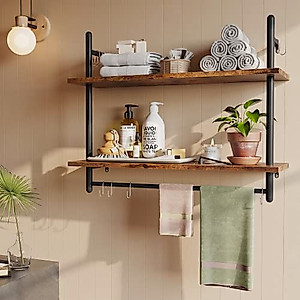 Bestier Pipe Shelf Industrial Floating Shelving 31" Kitchen Wall-Mounted Shelf with Towel Bar Hooks Coffee Bar Shelf Wine Hanging Display Rack Bookshelf Living Room Decor Bathroom-Rustic Brown