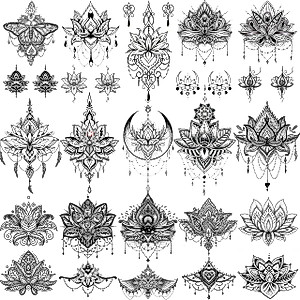 EGMBGM 15 Sheets Sexy Black Lotus Temporary Tattoos For Women Wedding Brides, Tribal Fake Jewelry Pendant Lace Moon Moth Flowers Temp Tattoos Temporary Sticker For Girls Arm Neck Hands Tatoos Jewels