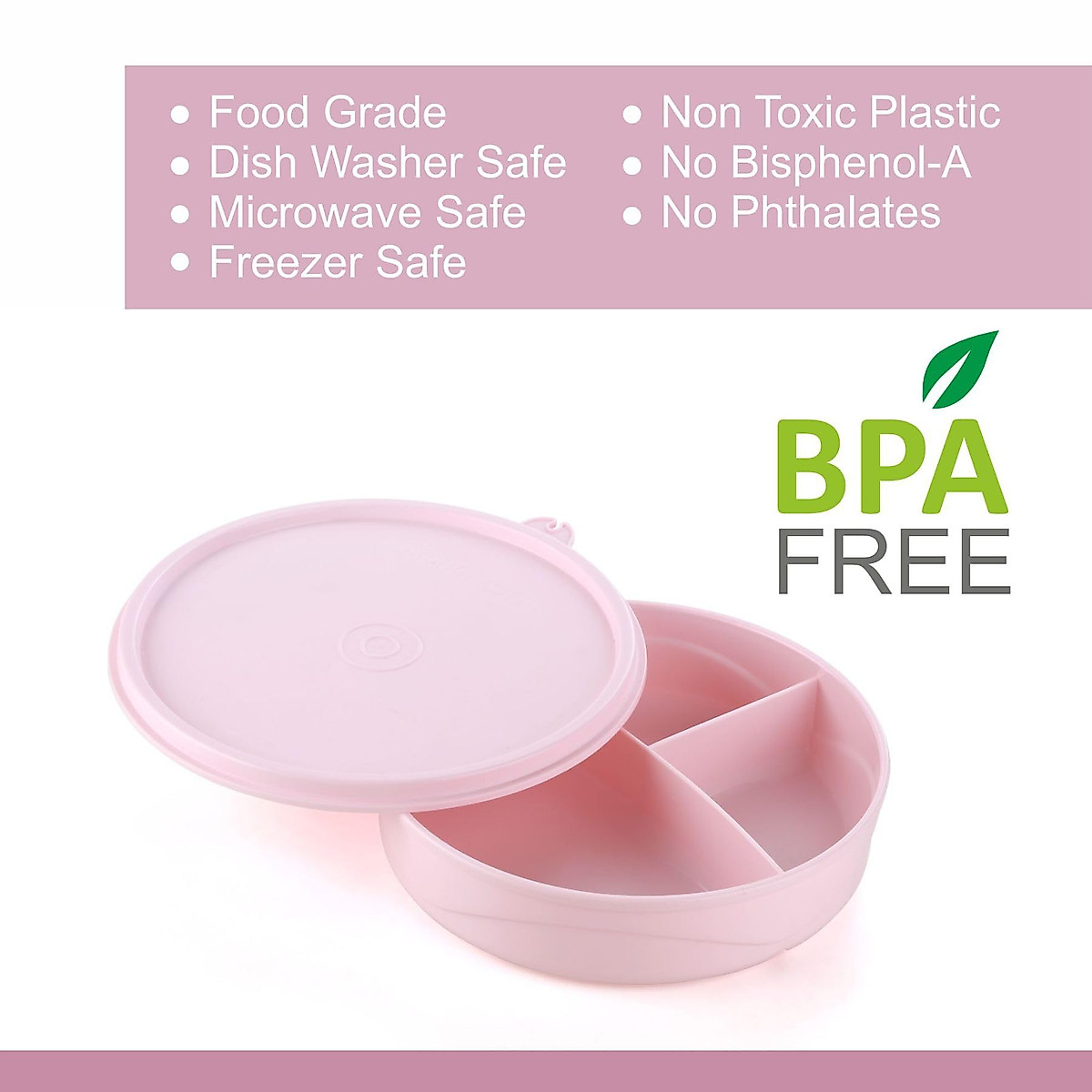 Snack Containers 3-Pack – 3-Compartment Round Snack Containers for Kids and Adults – Stackable Food Storage Containers with Lids – BPA-Free Dishwasher-Safe Snack Boxes for Kids Single Serving