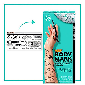 BODYMARK BIC Temporary Tattoo Markers for Skin, Black, Mixed Tip, 12-Count Pack, Skin-Safe, Cosmetic Quality