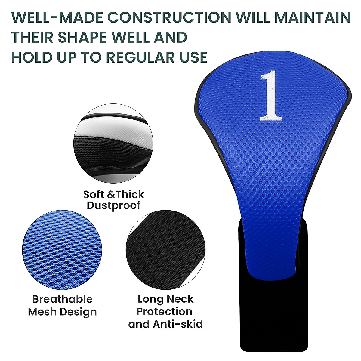 FINGER TEN Golf Club Head Covers Woods Driver Fairway Hybrid 3/4/5 Set, Headcovers Men 1 3 5 7 X Interchangeable Number Tag, Fit All Wood Clubs (5 Pack-Blue(1D+2F+2H))