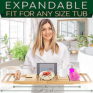 SereneLife Luxury Bamboo Bathtub Caddy Tray - Adjustable Natural Wood Bath Tub Organizer with Wine Holder, Cup Placement, Soap Dish, Book Space & Phone Slot for Spa, Bathroom & Shower SLBCAD20